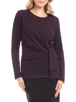 Karen Kane Metallic Knit Side Drape Long Sleeve Top - Eggplant