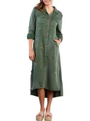 BILLY T Upstate Floral Embroidered Long Sleeve High-low Chambray Shirtdress - Northern Green