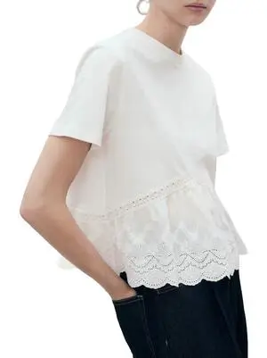 Mango Embroidered Eyelet Hem Cotton T-shirt - Off White