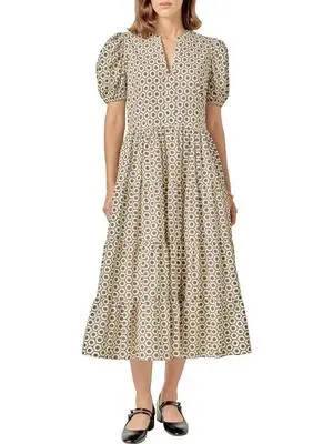 English Factory Printed Puff Sleeve Midi Dress - Beige/black