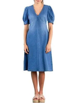 WASH LAB DENIM Blossom Puff Sleeve Denim Dress - Malibu Blue