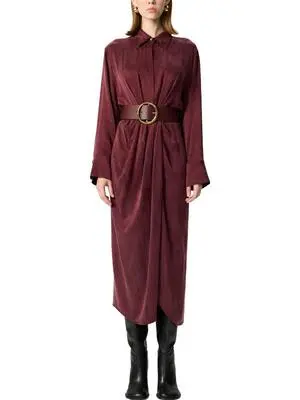 NOCTURNE Belted Draped Maxi Dress - Burgundy