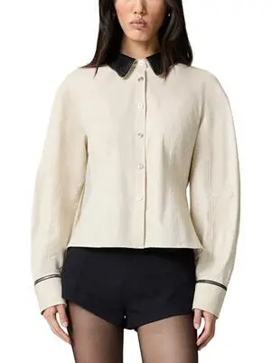 NOCTURNE Contrast Collar Balloon-sleeve Shirt - Ivory