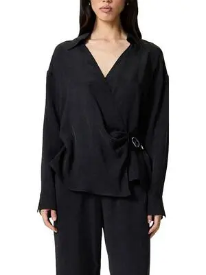 NOCTURNE Logo Buckle Wrap Blouse - Black