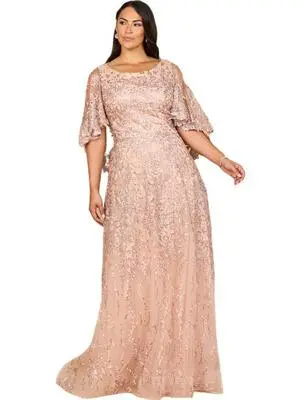LARA NEW YORK Cape Sleeve A-line Gown - Blush