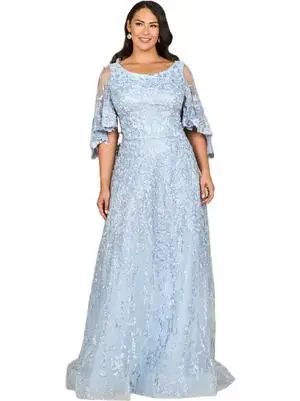 LARA NEW YORK Cape Sleeve A-line Gown - Light Blue