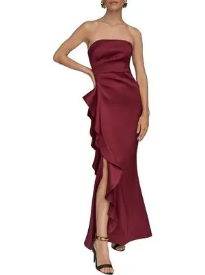 Donna Karan New York Strapless Ruffle Satin Dress - Sangria