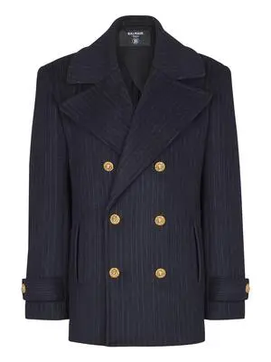 Balmain Merino Wool-blend Stripe Pea Coat - Navy