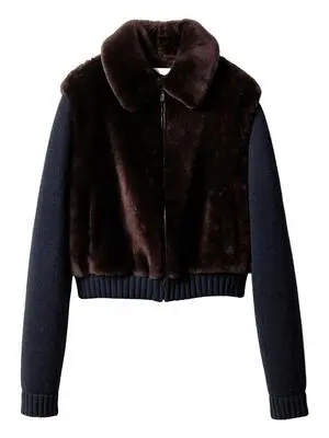 Miu Miu Shearling And Knit Blouson Jacket - Coffee