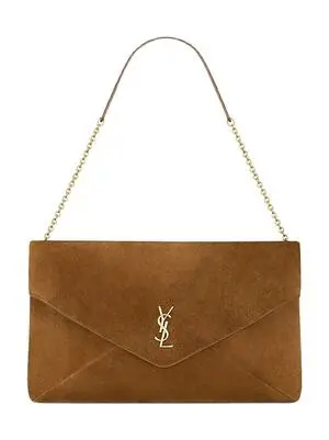 Saint Laurent Cassandre Xxl Pouch On Chain In Suede - Caramel Cognac