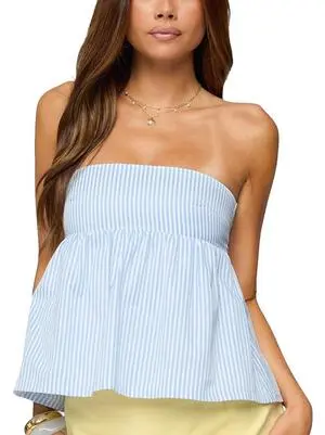 EDIKTED Strapless Striped Babydoll Top - Light Blue