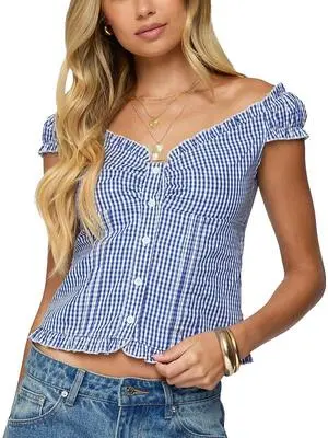 EDIKTED Dorothie Gingham Button-up Top - Navy