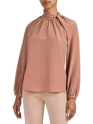 Santorelli Dakota Silk Mock Neck Blouse - Peach Whip