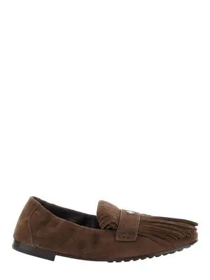 Tory Burch Suede Loafers With Fringe And Metallic Logo - Brown