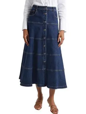 CINQ À SEPT Wilhelmina Paneled Denim Midi Skirt