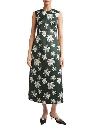 EMILIA WICKSTEAD Rumi Genzianella Fit & Flare Midi Dress - Ivory Floral On Hunter Green