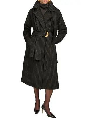 Donna Karan New York Wool-blend Belted Coat With Scarf - Black Chalkstripe
