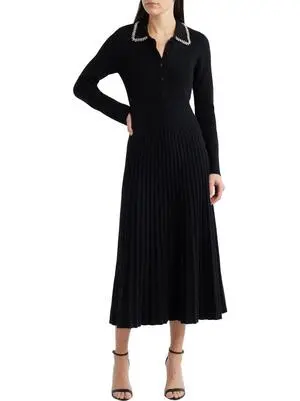 Elie Tahari Embellished Collar Pleated Cashmere Sweater Dress - Noir Black