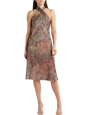 Ralph Lauren Paisley Charmeuse Halter Cocktail Dress - Cream Multi