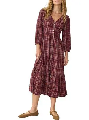 Marine Layer Maeva Plaid Tiered Midi Shirtdress - Merlot Plaid