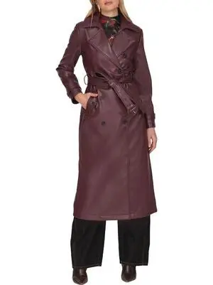 Avec Les Filles Double Breasted Faux Leather Trench Coat - Oxblood