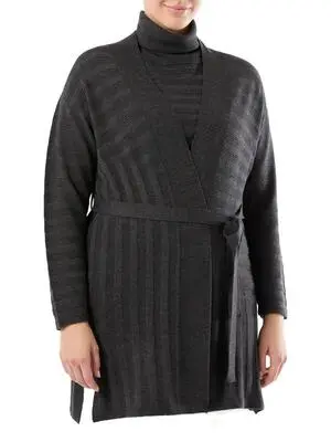 Marina Rinaldi Zamia Merino Wool Cardigan With Tie Belt - Dark Grey