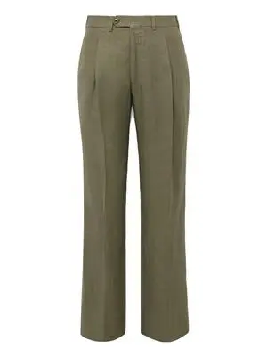 SAMAN AMEL Straight-leg Pleated Linen Trousers - Green
