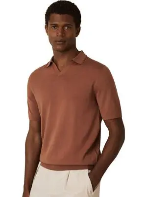 REISS Duchie Merino Wool Open-collar Polo Shirt Cinnamon Brown