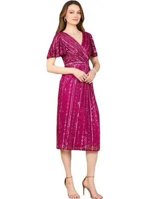 LARA NEW YORK Beaded Flutter-sleeve Midi Dress - Berry