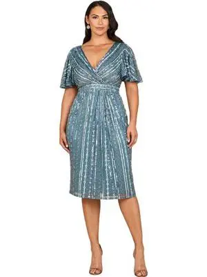 LARA NEW YORK Beaded Flutter-sleeve Midi Dress - Slate