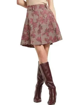 ISAAC MIZRAHI NEW YORK Floral Plaid Pleated Miniskirt - Taupe Plaid Floral