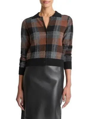 Vince Check Plaid Cashmere Cardigan - Cacao/heather Pewter/black