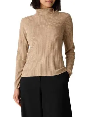 Eileen Fisher Ribbed Wool Turtleneck Sweater - Biscuit