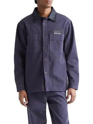 PALMES Leather Collar Twill Overshirt - Dark Blue