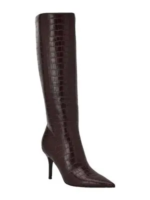 Guess Croc Embossed Knee High Boots - Red