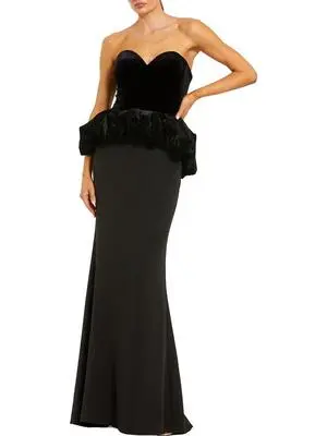 Mac Duggal Strapless Velvet Peplum Gown - Black