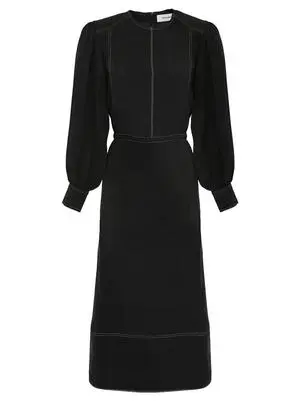 YVES SALOMON Drawstring-waist Puff-sleeve Midi Dress - Black
