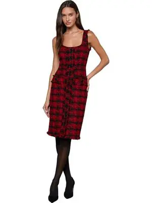 L'Agence Aya Tweed Midi Dress - Red Black Houndstooth