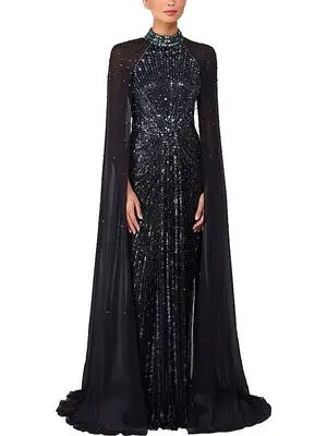 Jenny Packham Embellished Cape Maxi Gown - Ink