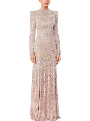 Jenny Packham Embellished Mock-neck Maxi Gown - Desert Sand