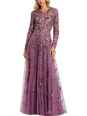 Mac Duggal Long Sleeve High Neck Beaded Gown - Raspberry