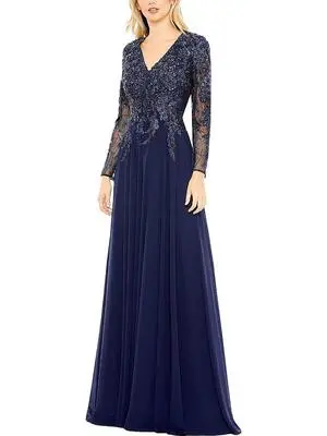 Mac Duggal Embroidered Illusion Long Sleeve V Neck Gown - Navy
