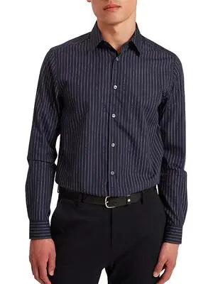 Ted Baker London Hangent Regular Fit Branded Stripe Print Cotton Shirt - Navy