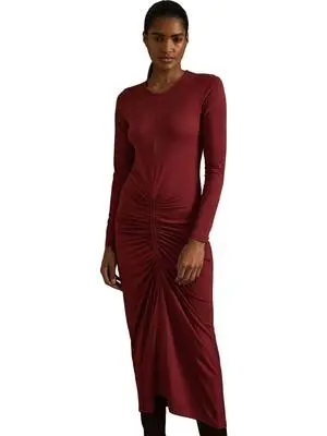 REISS Ginny Ruched Jersey Midi Dress - Burgundy
