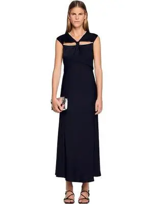 Sandro Satin Maxi Dress With Rhinestone Trim - Black