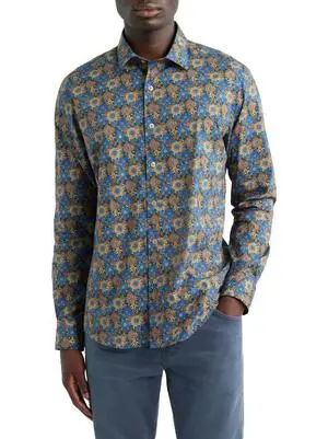 Scott Barber Canclini Regular Fit Floral Cotton Button-up Shirt - Blue