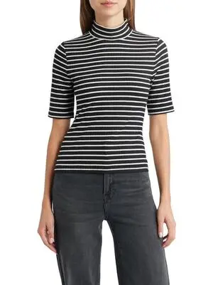 Rag & Bone The Knit Stripe Rib Mock Neck T-shirt - Black Multi