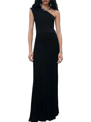 Mango One-Shoulder Rib Maxi Dress Black