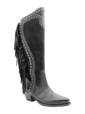 VOLATILE Palomino Knee-High Western Boot With Fringe Black