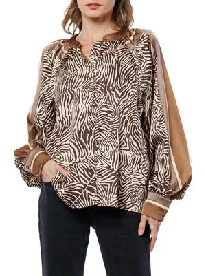 CIEBON Amber Printed Balloon Sleeve Button-up Shirt - Brown Multi
